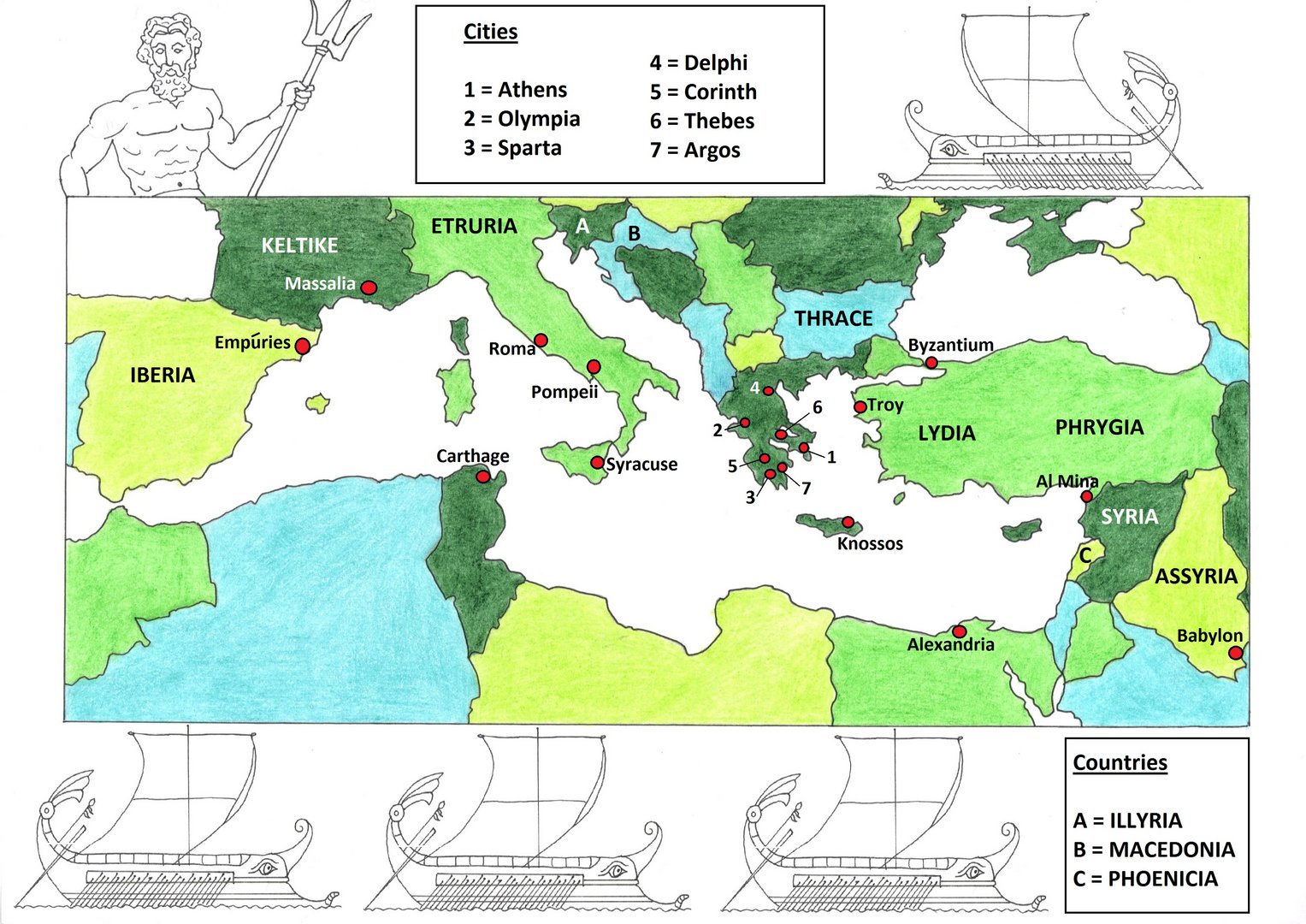 Map of Ancient Greece (countries and cities) with illustrated border by ...